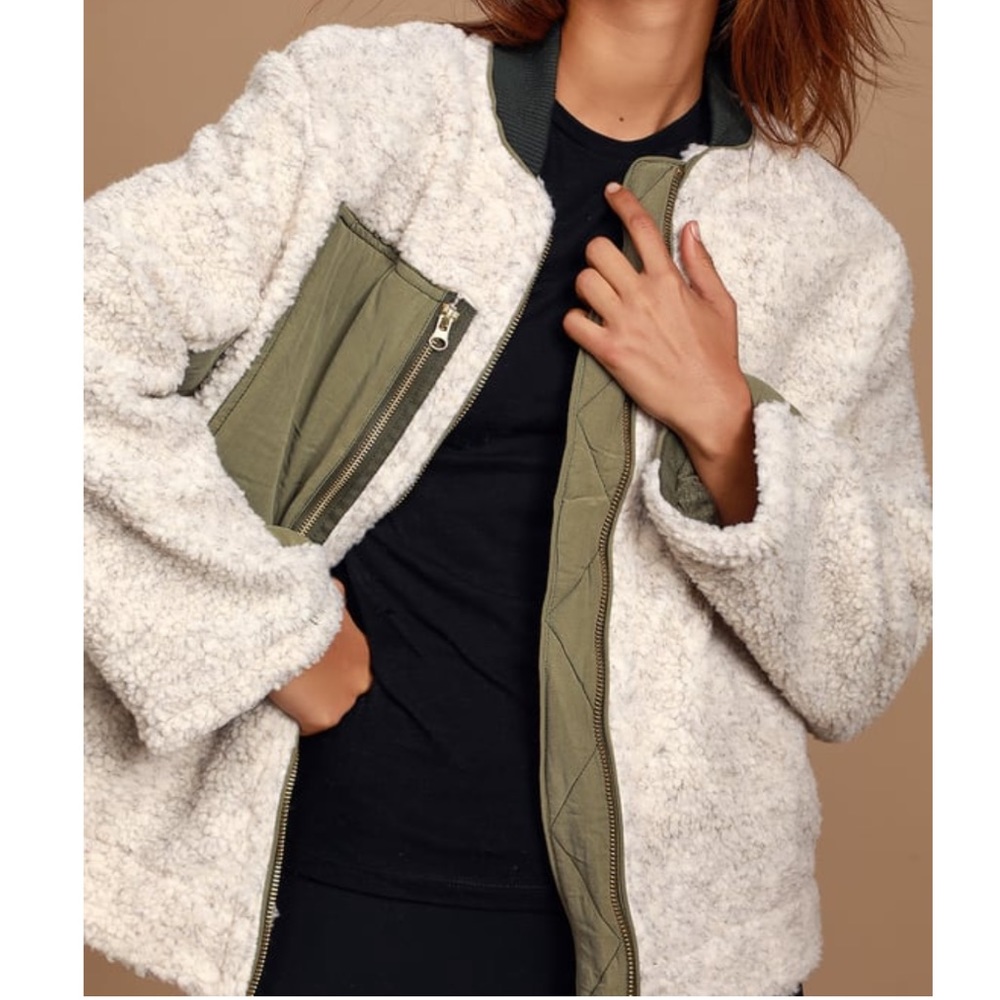Free People Olive Green And Ivory Sherpa Jacket - Gem